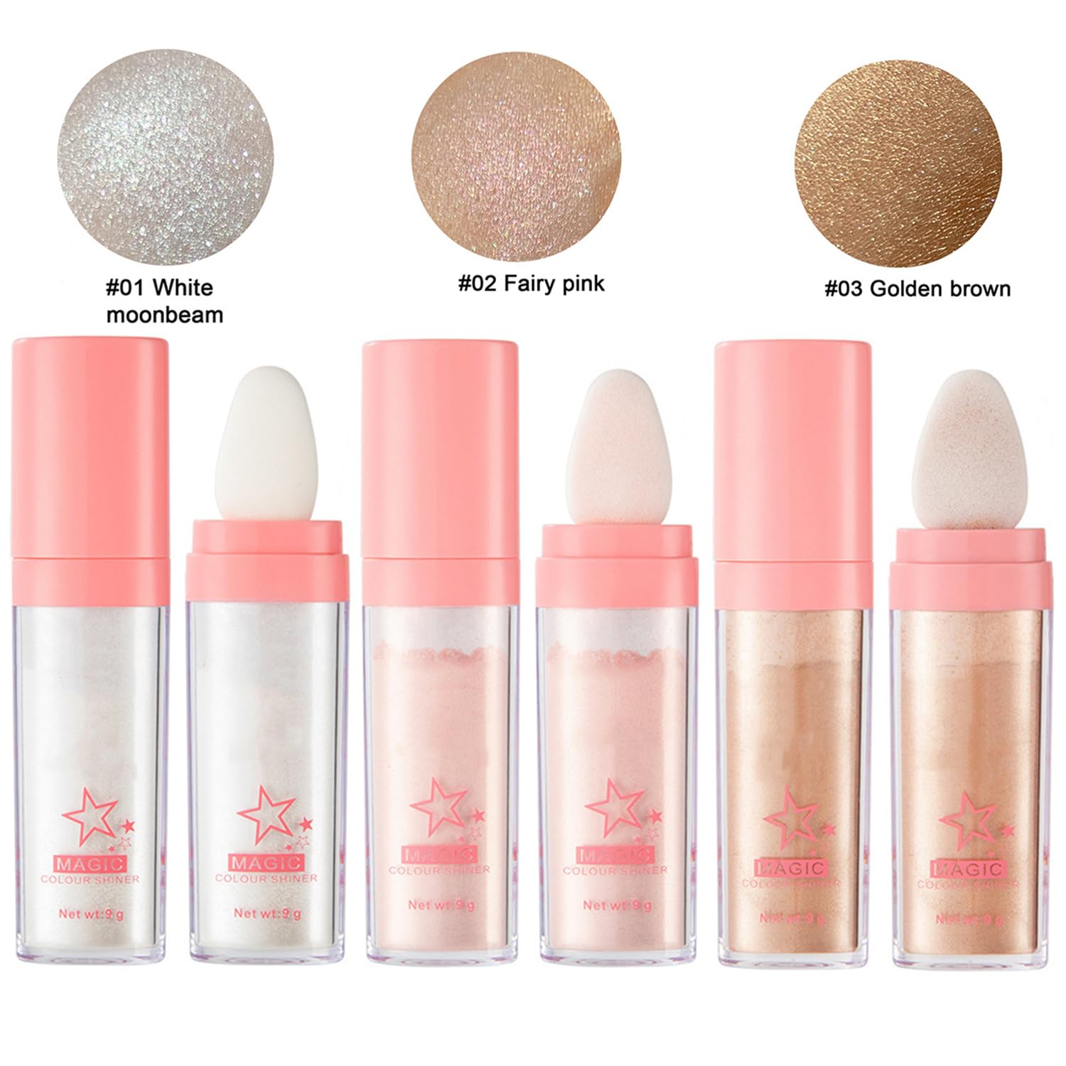 3PC Shimmer Face and Body Highlighter Powder Stick Makeup,Natural Three-dimensional Face Powder Blusher,High Gloss Fairy Glitter Sparkle Patting Powder Makeup (White+pink+gold)
