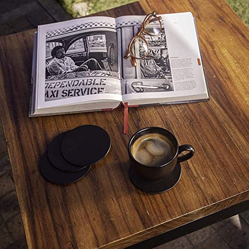 KEMMPER Drink Coasters Set of 6 Leather Coasters Spill Protection for Table Desk,Durable and Non Slip Leather Coaster Perfect for Common Size Glass Coffee Cup & Mug,4 Inches(Round Black Coasters)