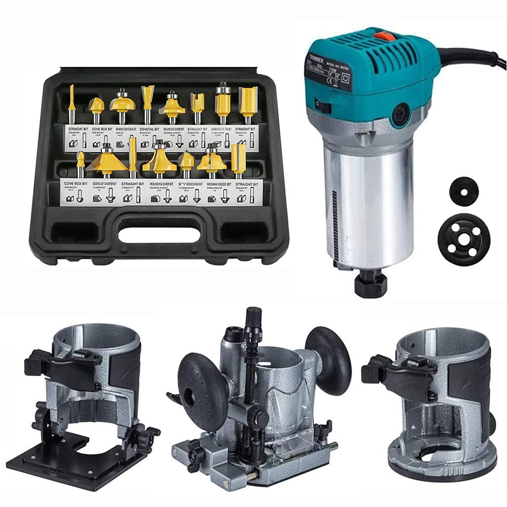 Anesty Palm Router Woodworking Compact Router Trimmer with Trimmer & Tilt & Plunge Base and 15pcs 6.35mm Router Bits, Electric Multifunctional Laminate Trimmer - 710W 1/4″ Trim Router Kit