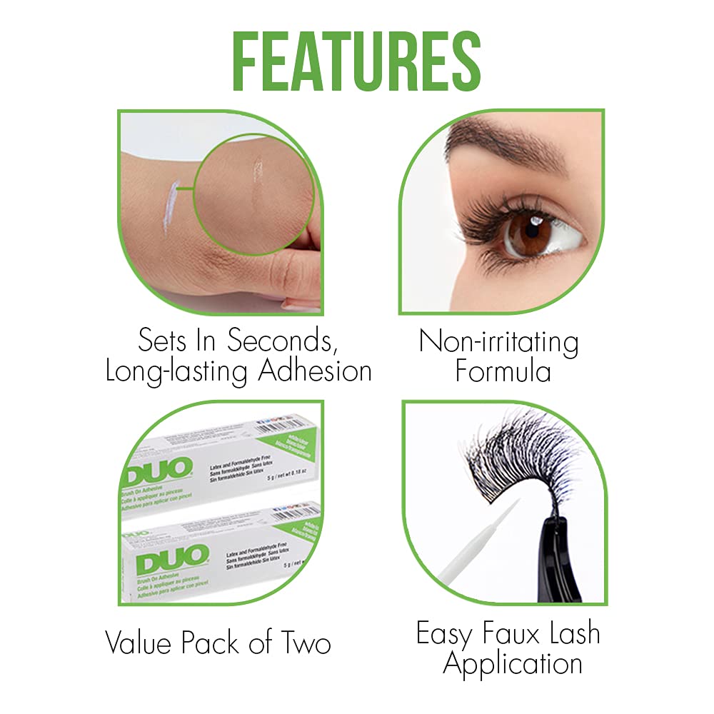 DUO Brush-On Strip Lash Adhesive with Vitamins A, C & E - Clear, Non-Irritating, Fast-Drying Lash Glue, Safe for Sensitive Eyes and Skin, for False Lashes, 0.18 oz, 2-Pack