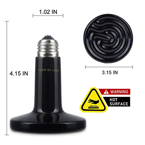 FIVEAGE Ceramic Heat Emitter 150W Reptile Heat Lamp Bulb,No Light Emitted No Harm Heater Chicken Heat lamp Infrared Lamp for Lizard Snake Coop Tortoise Aquarium Pet Brooder,2P- Black