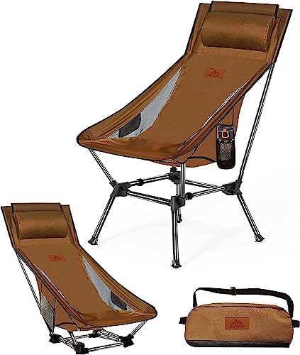 AnYoker Camping Chair, 2 Way Compact Backpacking Chair, Portable Folding Chair, Beach Chair with Side Pocket and headrest, Lightweight Hiking Chair 0166 (Tan)