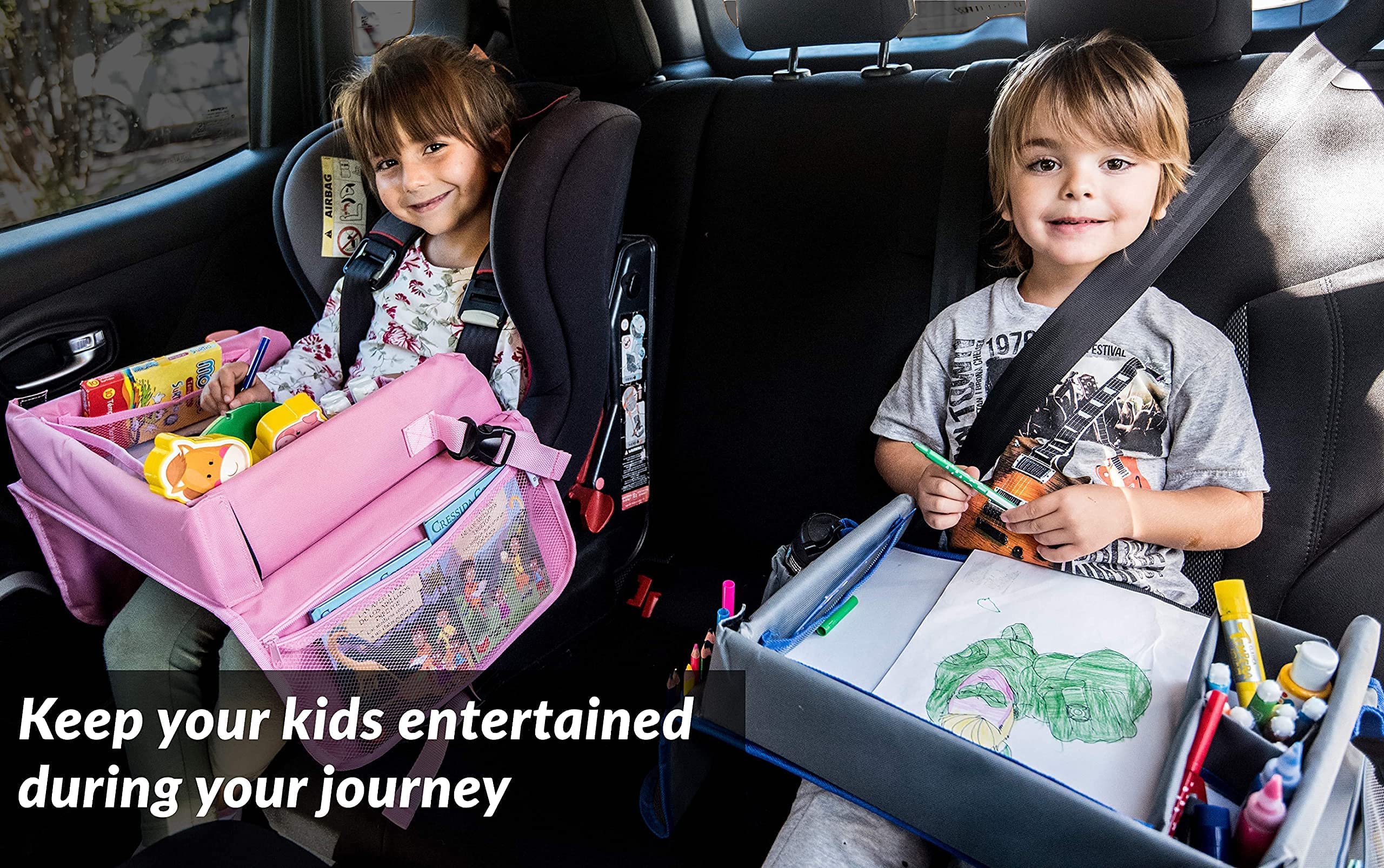 ADVO Kids Travel Tray Car Seat - Activity and Play Tray Organizer for Children and Toddlers, Lap Desk with Tablet Phone Holder, Waterproof and Foldable Whiteboard (Grey)