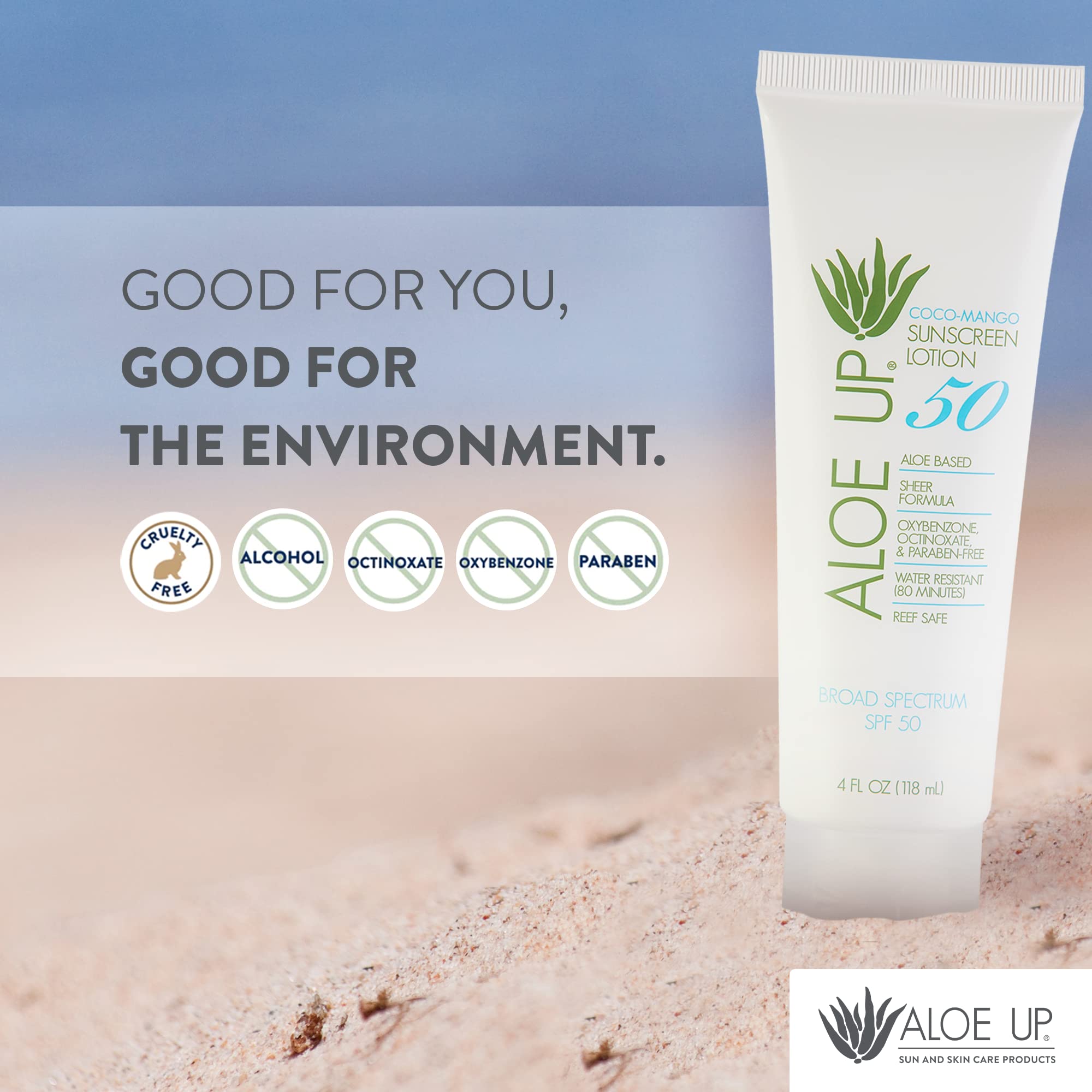 Aloe Up White Collection Sunscreen Lotion SPF 50 - Broad Spectrum UVA/UVB Sunscreen Protector for Face and Body - With Aloe Vera Gel - Alcohol-Free - Reef Friendly - Coco-Mango Fragrance - 4 Oz