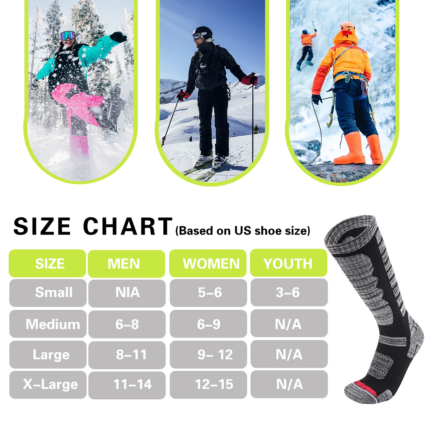 2 Pairs Ski Socks Womens Mens, Cold Weather Socks for Skiing, Snowboarding, Winter Warm Knee High Socks