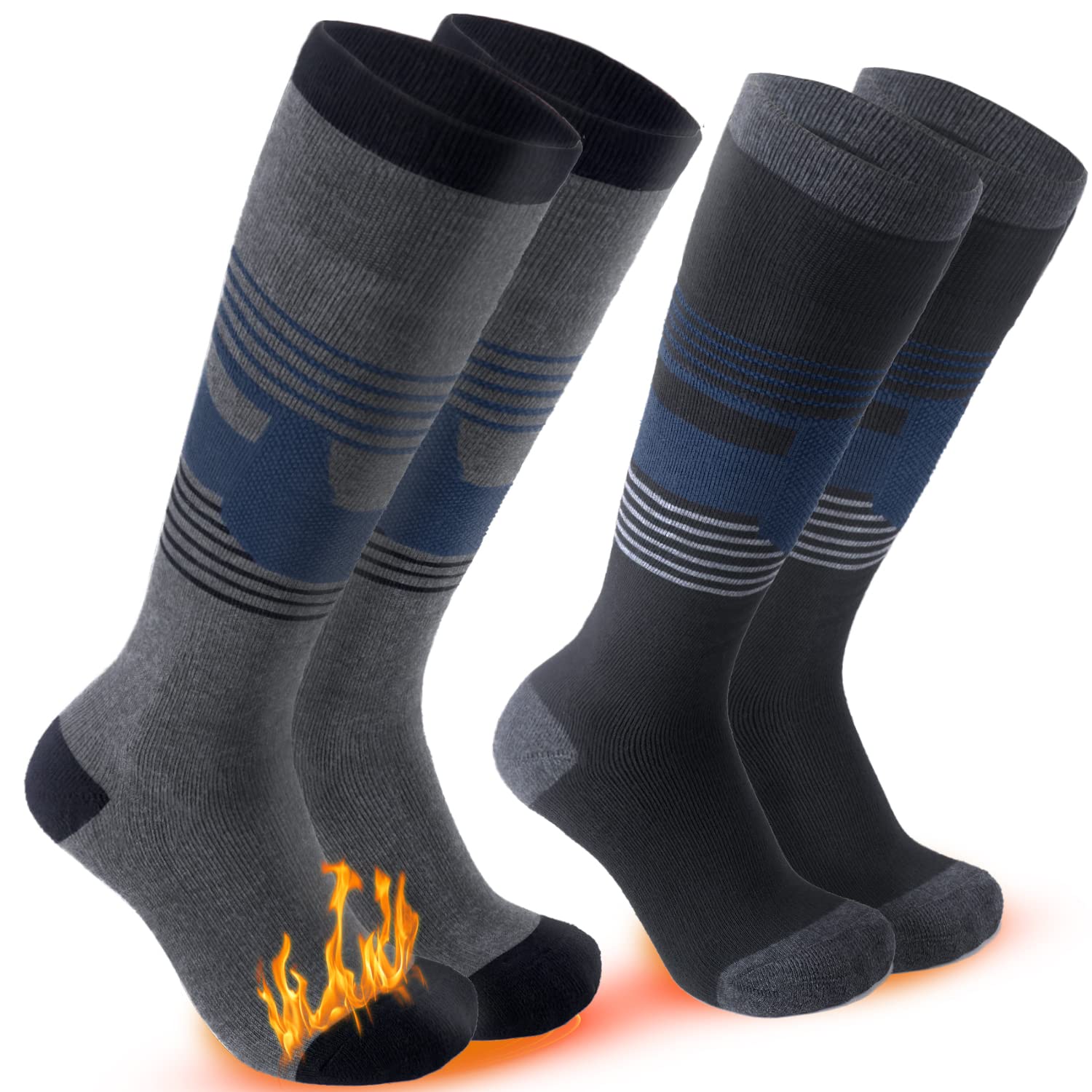 2 Pairs Ski Socks Womens Mens, Cold Weather Socks for Skiing, Snowboarding, Winter Warm Knee High Socks (02 Assorted 2 Pairs, Large)
