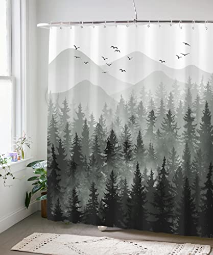 Accnicc Black and White Misty Forest Shower Curtain Set Grey Gray Ombre Waterproof Fabric Shower Curtains Nature Tree Mountain Woodland Decorative Bathroom Bath Curtain Decor (72'' × 72'', Black)