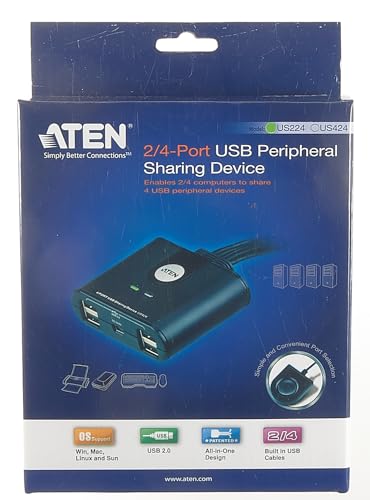 ATEN US224 2 x 4 USB 2.0 Peripheral Sharing USB Switch 2 Computers Share 4 Devices Simple Remote Port Selector Included Supports Optional USB Power Adapter - Windows Mac Linux