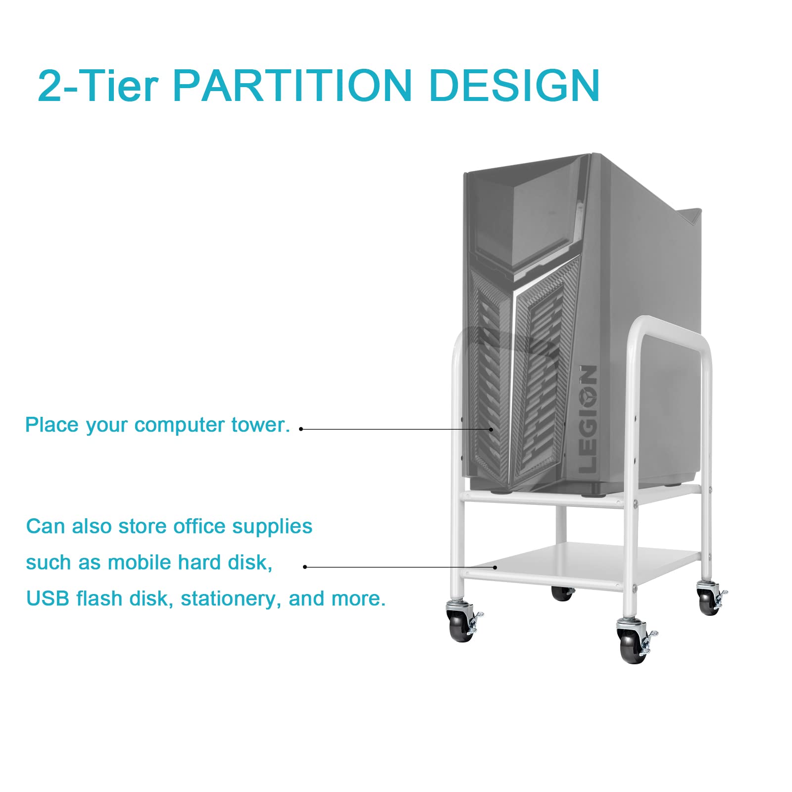360Tronics Computer Tower Stand White, 2-Tier Height Adjustable Desktop PC Stand for Carpet, Mobile Tower Cart Under Desk, Full Metal Rolling CPU Holder with 360° Locking Wheels for Office Home