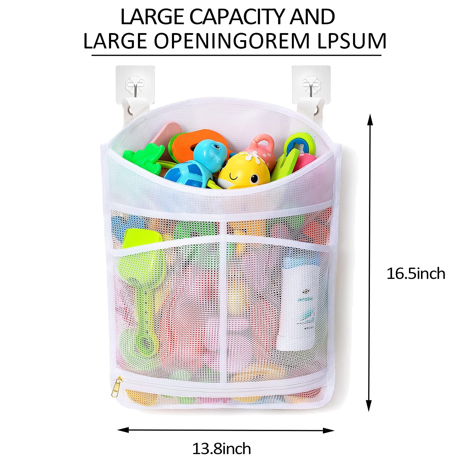 Ligereza Mesh Bath Toy Organizer, Various Hanging Ways, Large Capacity Large Opening, YKK Zipper, 4 Super Hooks, with Two Compartment Pockets, Baby Bathtub Toy Storage Bag (Large White)