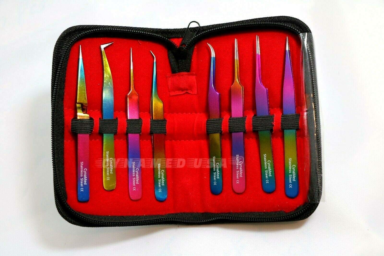Cynamed -Set of 8 pcs High Precision Multi Rainbow Color German Stainless Steel 3D 5D 6D Volume False Eyelash Extension Tweezers