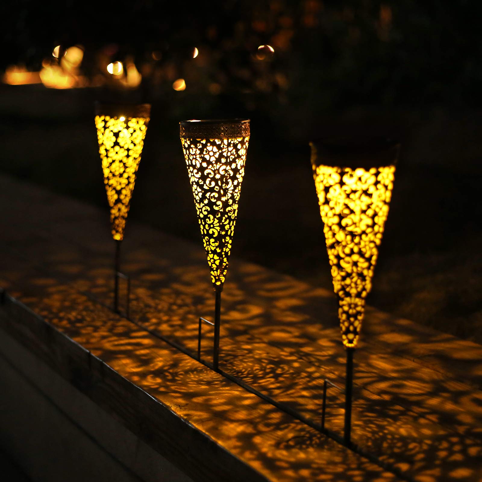 ANGMLN 2 Pack Christmas Decorations, Outdoor Lights Clearance Garden Solar Pathway Lights - Waterproof Decorative Metal Stake Lights with Lacy Cone Pattern for Walkway Yard Steps Patio Lawn