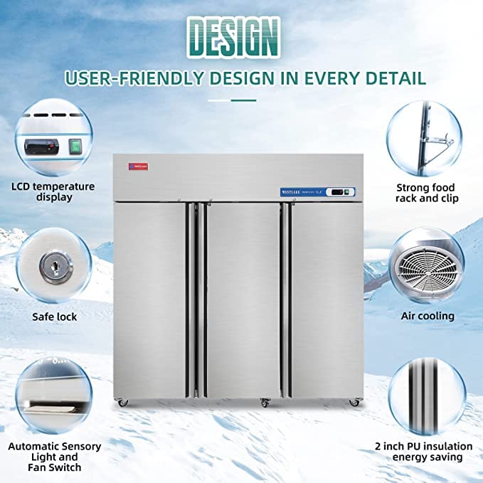 Aceland Commercial Freezer NON-ETL 72"W 3 Section Stainless Steel Reach-in Solid Door Upright Fan Cooling 54 Cu.ft Freezer for Restaurant, Bar, Shop, etc