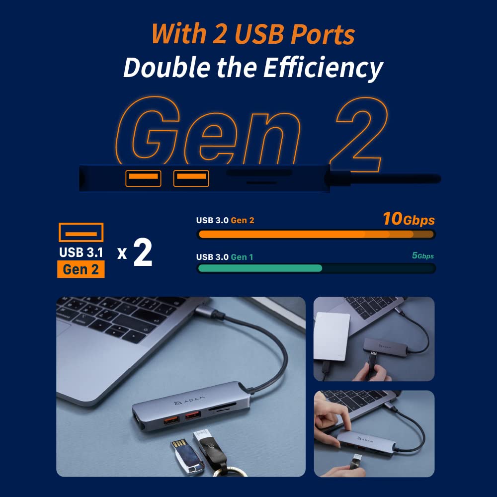 ADAM elements USB-C Gen2 Hub/Laptop Docking Station β CASA Hub A05 5in1 Multiport Adapter for Mac & PC Series - USB-A 3.1 Gen2 x2, HDMI, SD & microSD Card Reader
