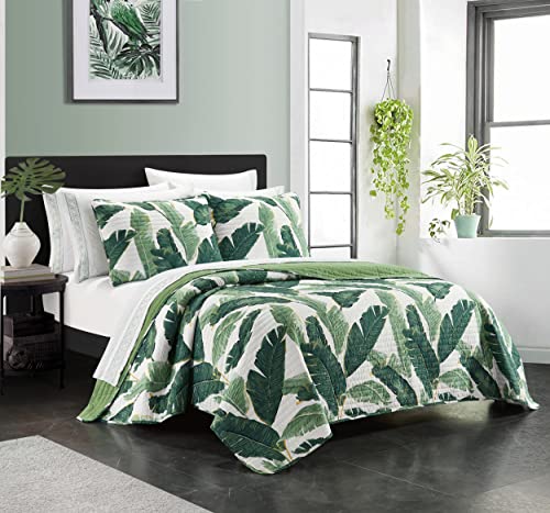 Chic Home Palm Springs 9 Piece Quilt Set Stitched Palm Tree Print Bed in A Bag - Sheet Set Decorative Pillow Shams Included, Queen, Green