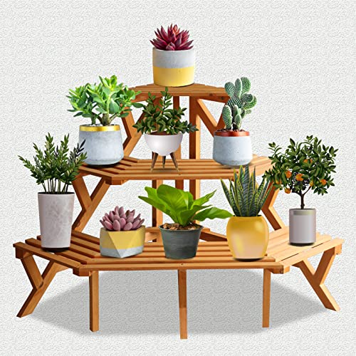 3 Tier Ladder Plant Stand Outdoor, Wood Multi Tiered Quarter Round Flower Pots Holder for Succulents andMultiple Plants, 37.8×26.38×24, Wooden Display Storage Shelf for Indoor Home Garden Patio