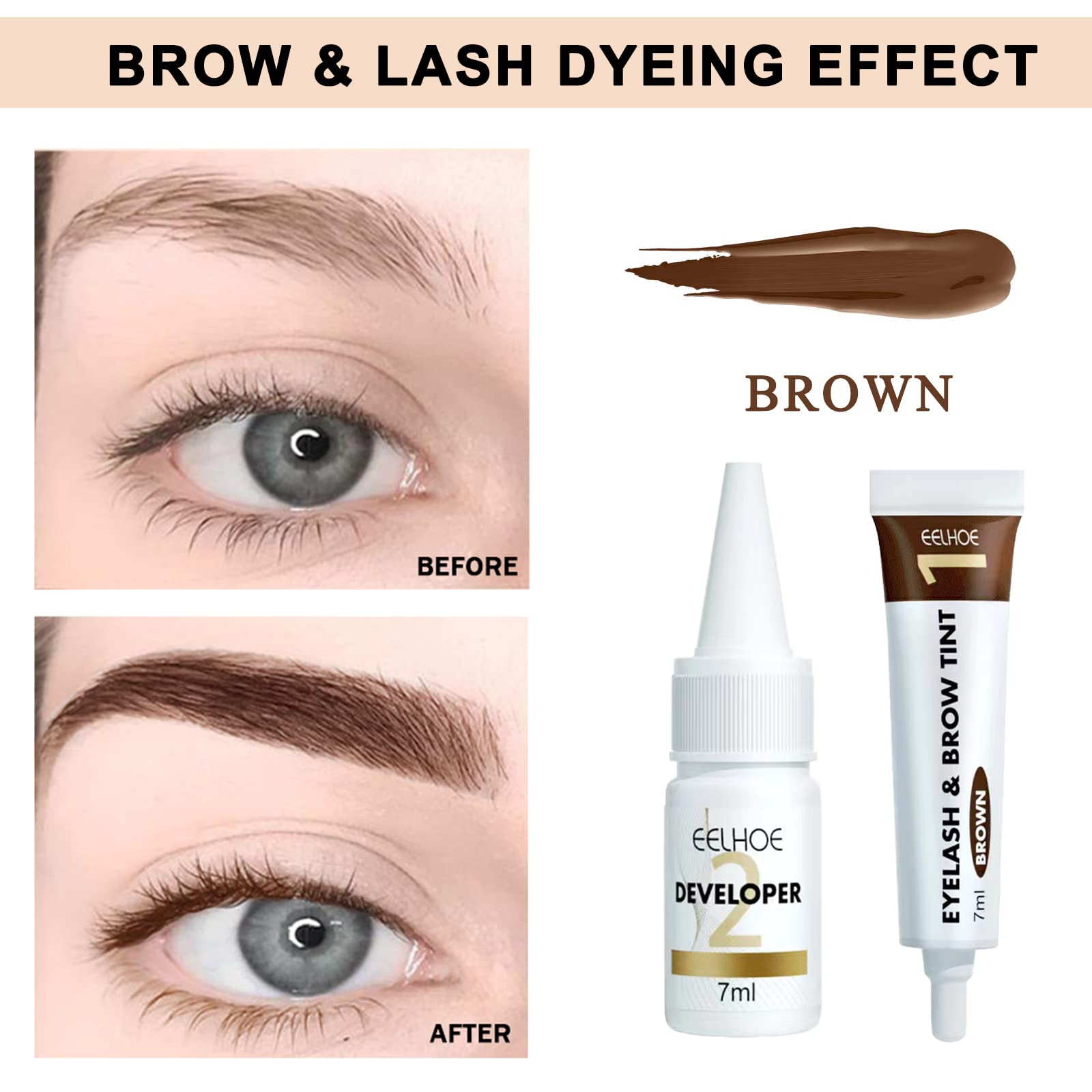 2 in 1 Eyebrow and Eyelash Color Kit 65g, Instant Brow & Lash Brown Color Makeup, Darker & Fuller | Tools Included, Semi-Permanent Coloring Effect Lasts 8 Weeks, Professional for Salon Home Use (Brown)