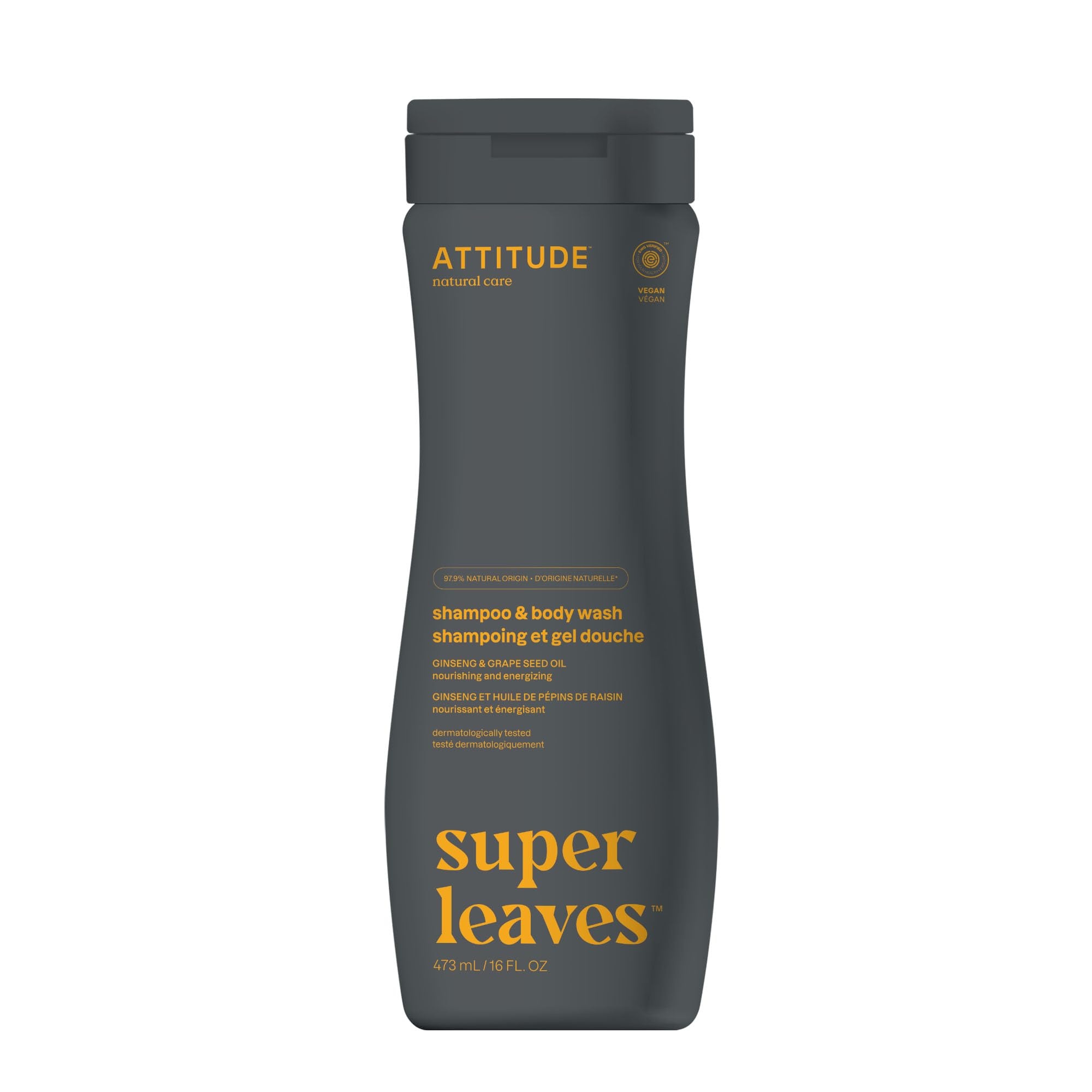 ATTITUDE 2-in-1 Body Wash and Hair Shampoo, EWG Verified Shower Gel, Dermatologically Tested, Made with Naturally Derived Ingredients, Vegan Personal Care, Ginseng and Grapeseed Oil, 16 Fl Oz