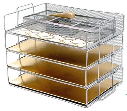 Blu Monaco Desk Organizers and Accessories Stackable Paper Tray - 4 Tier Stackable Letter Trays - Silver Metal Mesh File Holder Organizer