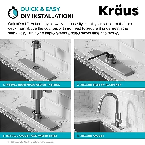 KRAUS Oletto Pull-Down Single Handle Kitchen Faucet with QuickDock Top Mount Installation Assembly in Brushed Brass, KPF-2620BB (Pack of 4)