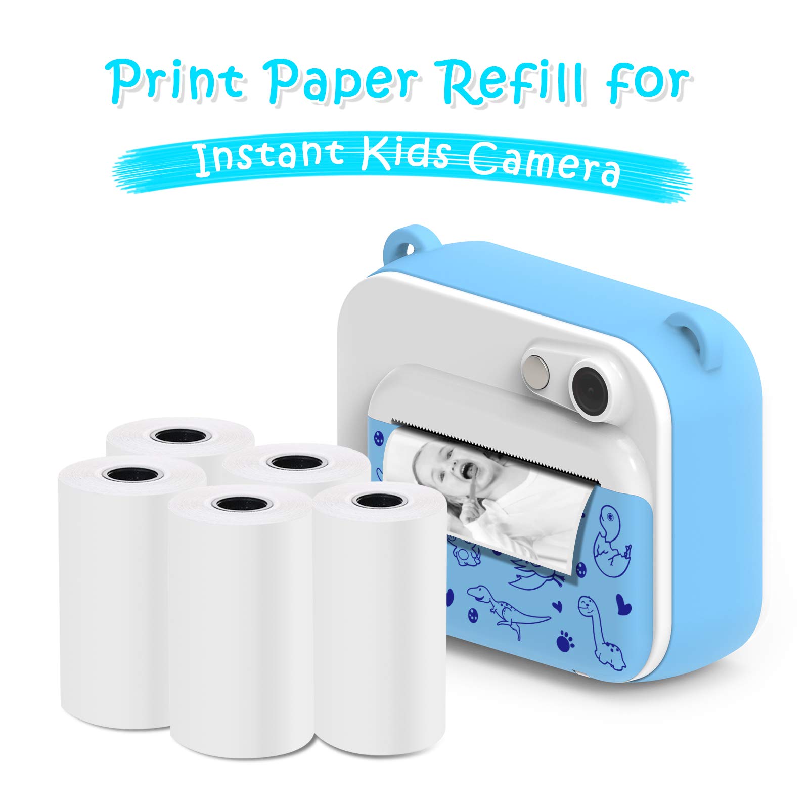 USHINING Print Paper for Kids Instant Print Camera 5 Rolls for instant kids camera, White (Length: 23.95 Feet/Width: 2.28 Inches)