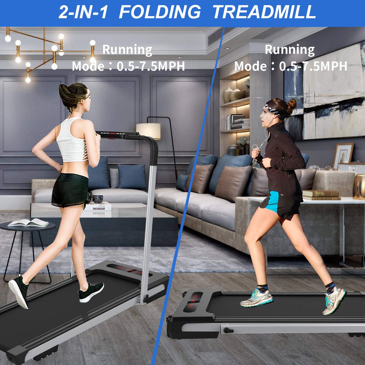 2 in 1 Folding Treadmill for Home,1.5HP Under Desk Electric Treadmill,Foldable Portable Treadmill for Running and Walking Exercise Machine with LED Display and Remote Controller(Installation-Free)