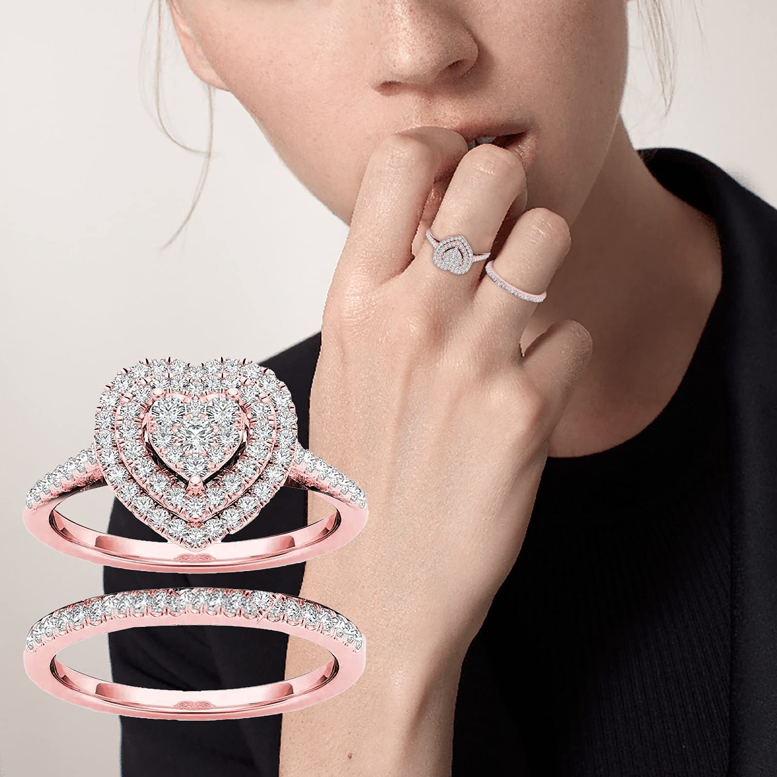 2 in 1 Full Diamond Inlaid Ring 2pc Fashion Heart Shaped Ring Engagement Wedding Jewelry Gift