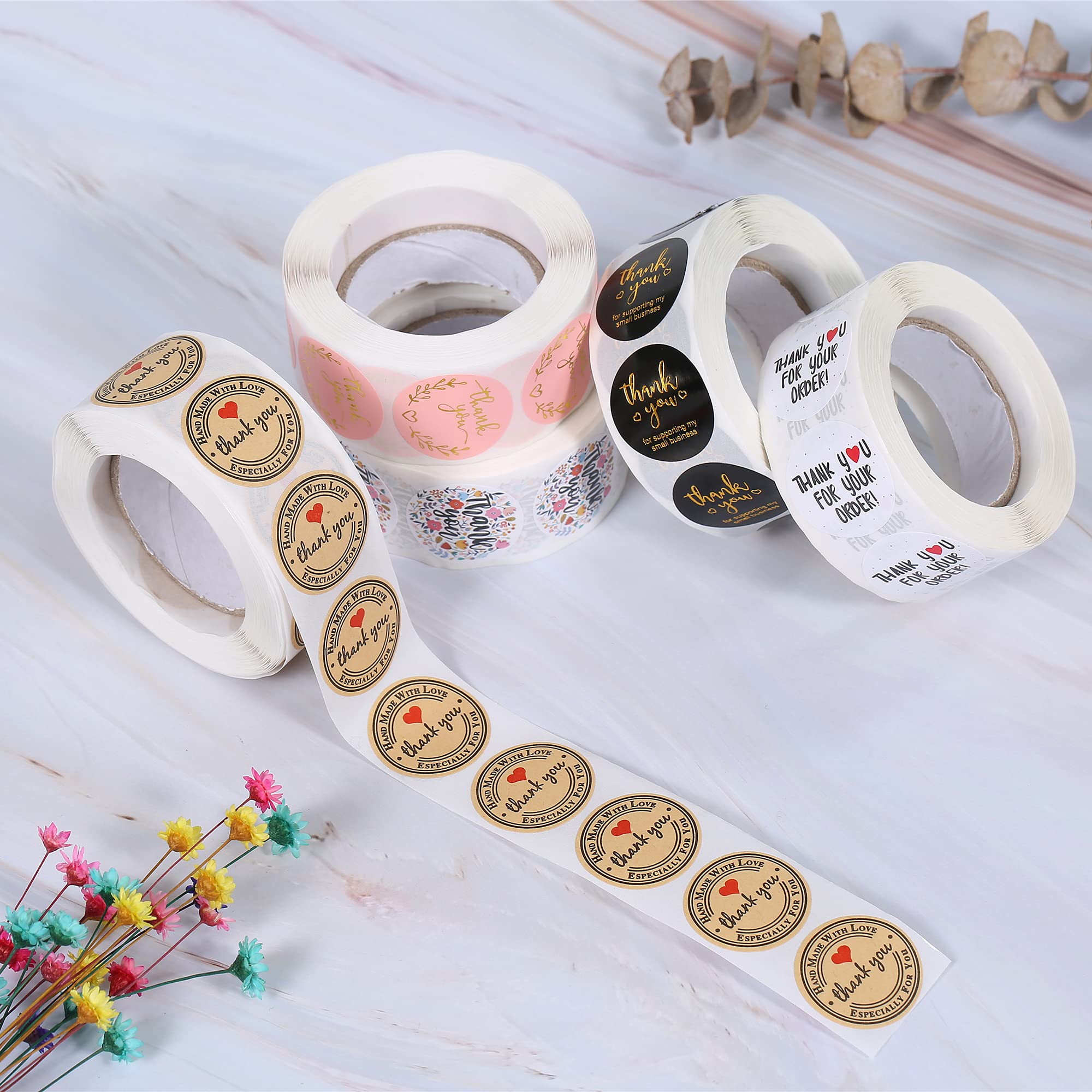 Thank You Stickers 2500 Pieces Round Kraft Label Seals Small Business Stickers for Greeting Cards Envelopes Decor or Gift Bags Packaging (5 Rolls Pattern A)