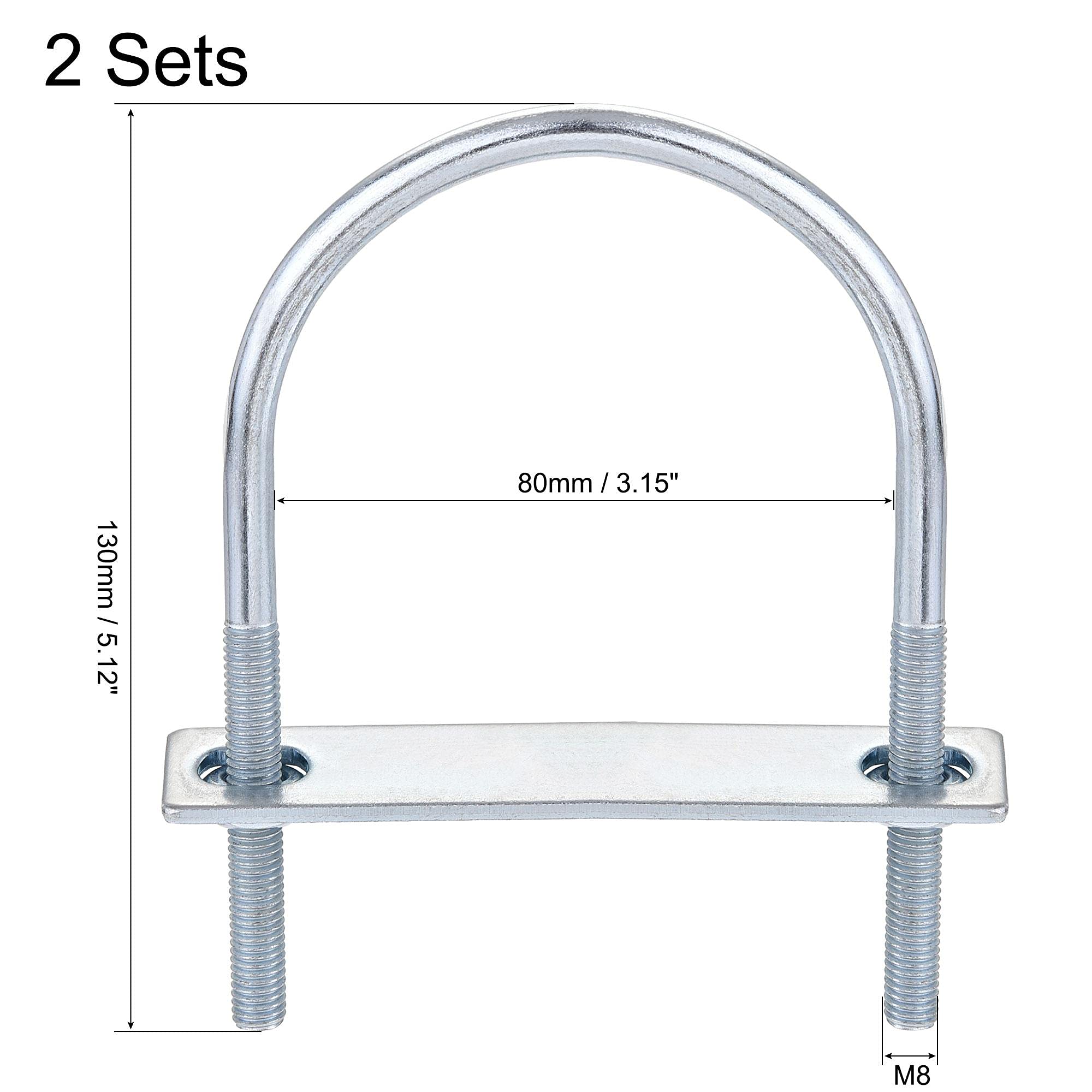 uxcell Round U-Bolts 2 Sets 3.15"(80mm) Inner Width 130mm Length Steel M8 with Nut, Plate