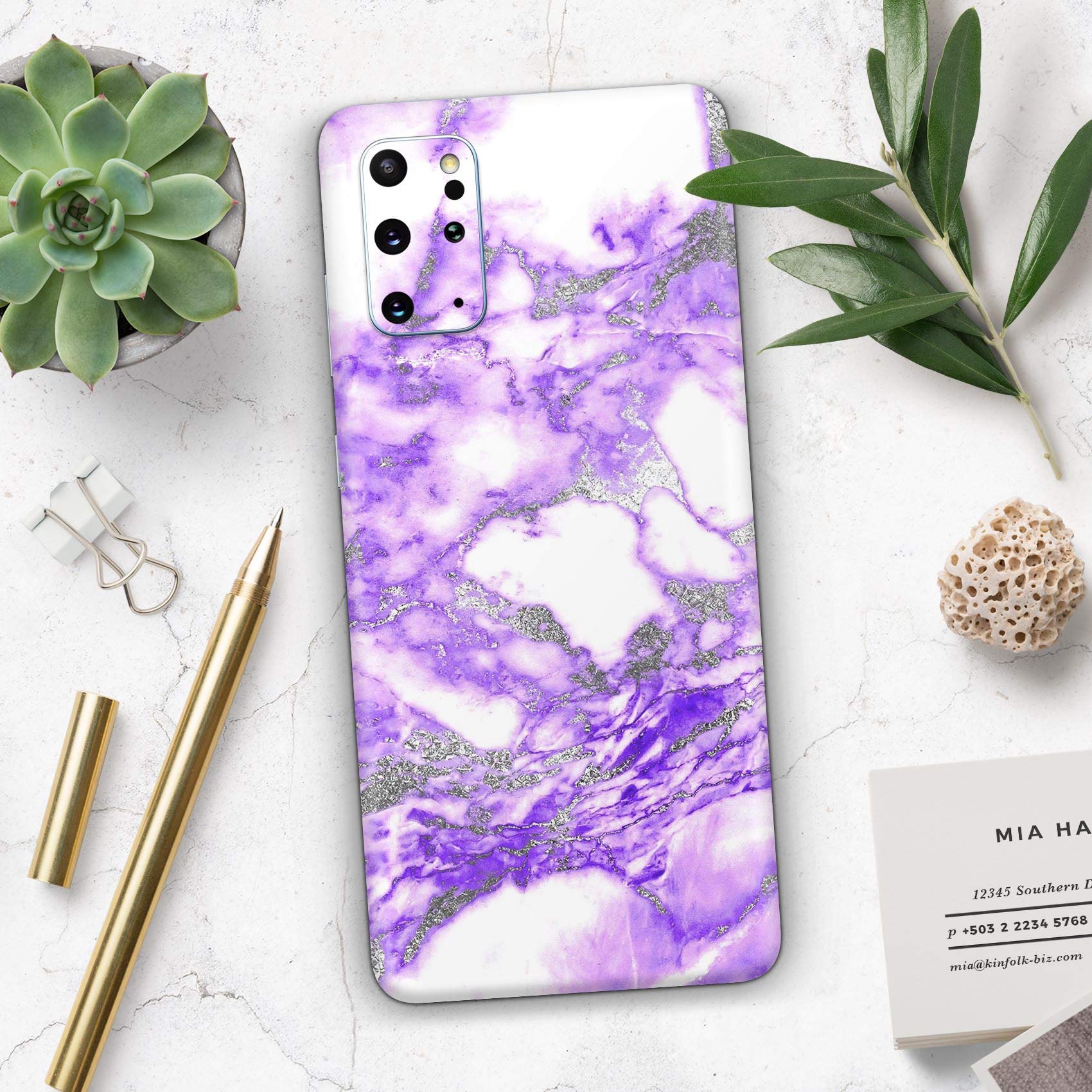 DesignSkinz Purple Marble & Digital Silver Foil V9 Protective Vinyl Decal Wrap Skin Cover Compatible with The Samsung Galaxy S20 (Screen Trim & Back Glass Skin)