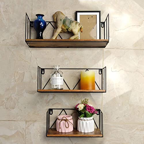 Floating Wall Shelves Set of 3, Black Metal Wire Hanging Rustic Storage Shelf Decor Organizer for Bedroom Bedside Kitchen Bathroom Living Room