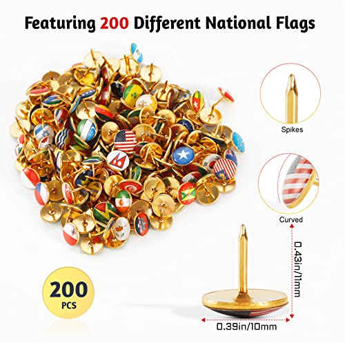 200 Pcs National Flag Thumb Tacks Country Flag Push Pins with National Flag Guide, Map Tacks Places I've Been Flag Map Push Pins for World Map Pins Flag Map Pins for Cork Board, Travel World Map