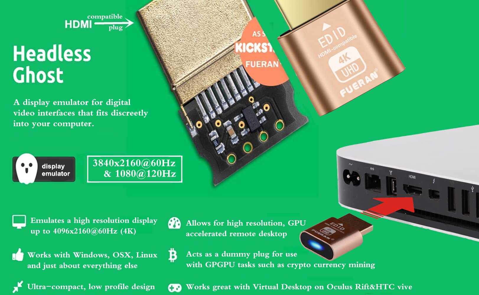 FUERAN 4K HDMI Dummy Plug, Virtual Monitor Emulator, Headless Display Adapter, EDID Emulator, Supports 4096x2160@60Hz, 3840x2160@60Hz, 2560x1440@60Hz for Windows, Mac, Linux – Plug & Play(4K-10P)