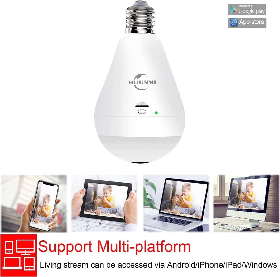 Full HD 1080P Light Bulb Camera,FISH-EYE LENS 360° Wireless Security IP Panoramic Camera, 2.4GHz WiFi Dome Surveillance Cameras, IR Motion Detection, Night Vision, Alarm for Office/Baby/Pet Monitor