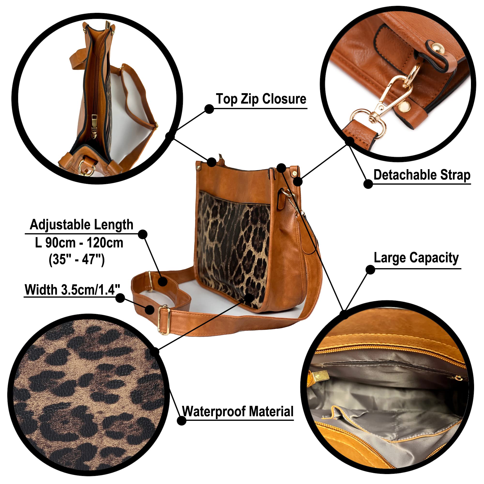 Auchic Women's Leopard Guitar Strap Crossbody Purse, Vegan Leather Zipped Pockets Handbag Shoulder Bag for Ladies (Leopard)