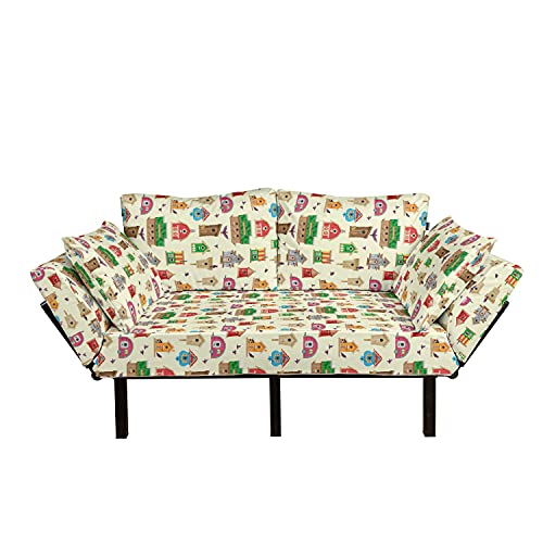 Ambesonne Birdhouse Futon Couch, Human Made Bird Nest Wooden Houses of Various Types Colorful Illustraiton, Daybed with Metal Frame Upholstered Sofa for Living Dorm, Loveseat, Cream Multicolor