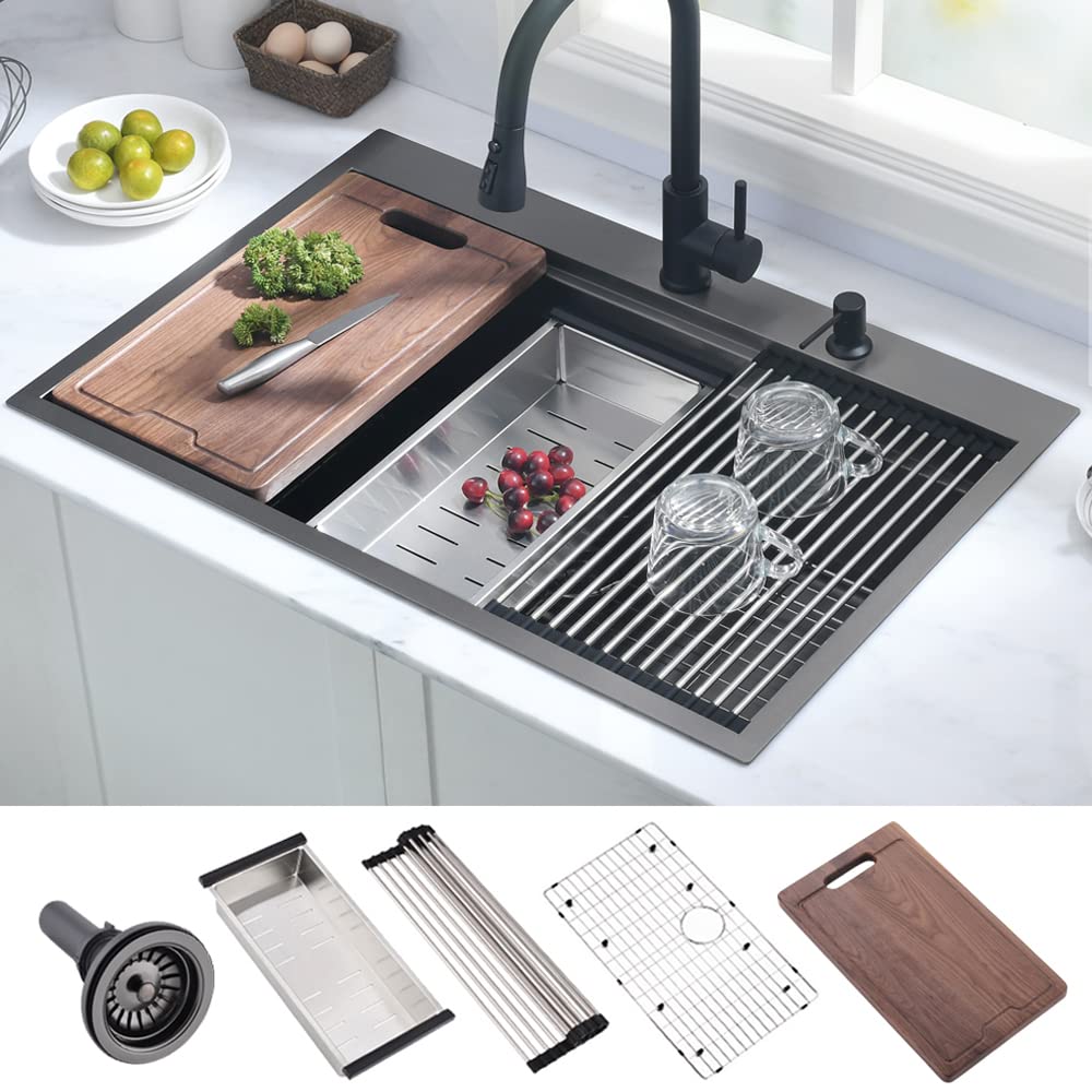 30 Black Drop in Kitchen Sink Workstation- Hovheir 30x22 Topmount Drop In Kitchen Sink Matte Black Stainless Steel Sink Handmade Sink Double Ledges Workstation Sink 16 Gauge Single Basin Kitchen Sink