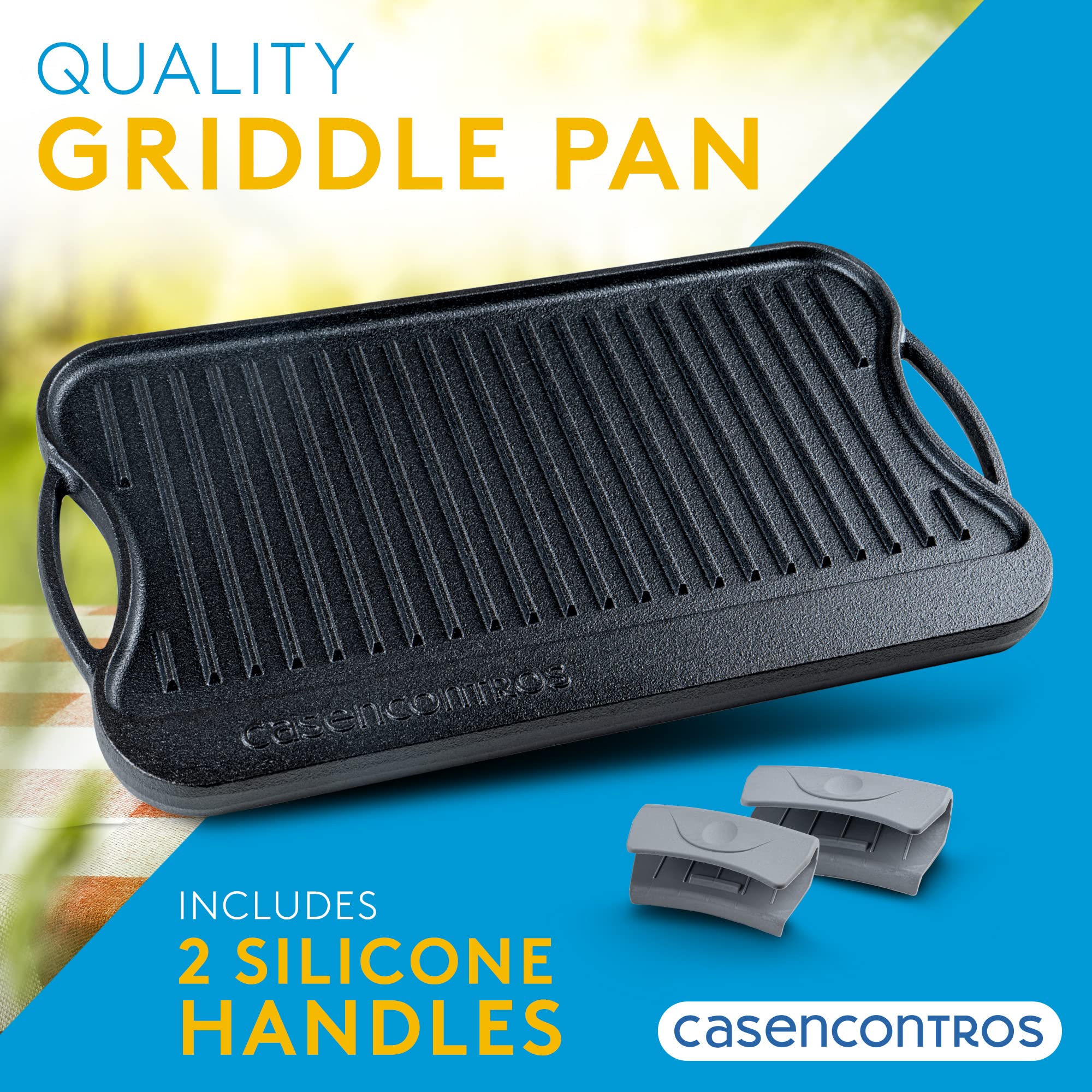 Casencontros - Cast Iron Griddle Pan for Stove Top [2 in 1 Reversible] - Pre-Seasoned Stove Top Griddle with Handles [17 x 9.8in] - Multi Use Grill Pan with Silicone Handles - Stove Top Griddle