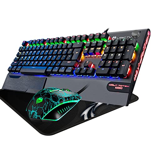 Multimedia Knob Computer Mechanical Keyboard Sandblast Metal Panel,104-Keys Conflict Free Buttons Gaming Keyboard,Dazzle Colour on Both Side, Mouse+Mouse Pads (Black/Raionbow Backlit/Blue Switch)