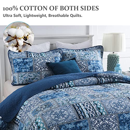 Blue Bohemain Bedspread King Quilt Set, 100% Cotton Coverlet King, Reversible Rustic Patchwork Printed Bedding Quilt Coverlet, 3 Pieces Boho Cotton Quilt Set for All Season King for Summer 94βx106ββ
