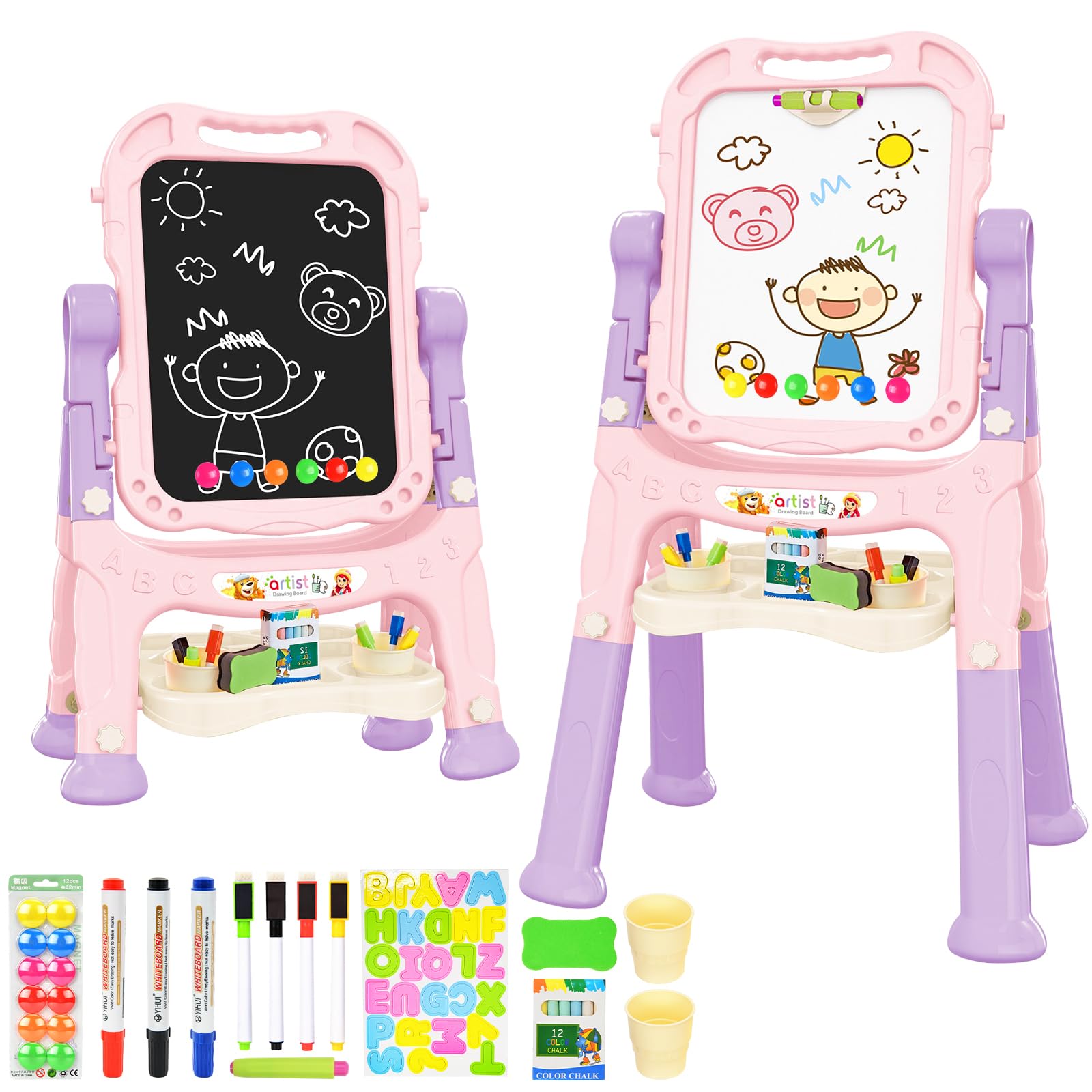 Amagoing Easel for Kids, Adjustable Standing Art Easel for Toddler, Double Magnetic Drawing Board with Painting Accessories, Birthday Christmas Gift for Little Boys and Girls, Middle Size Pink