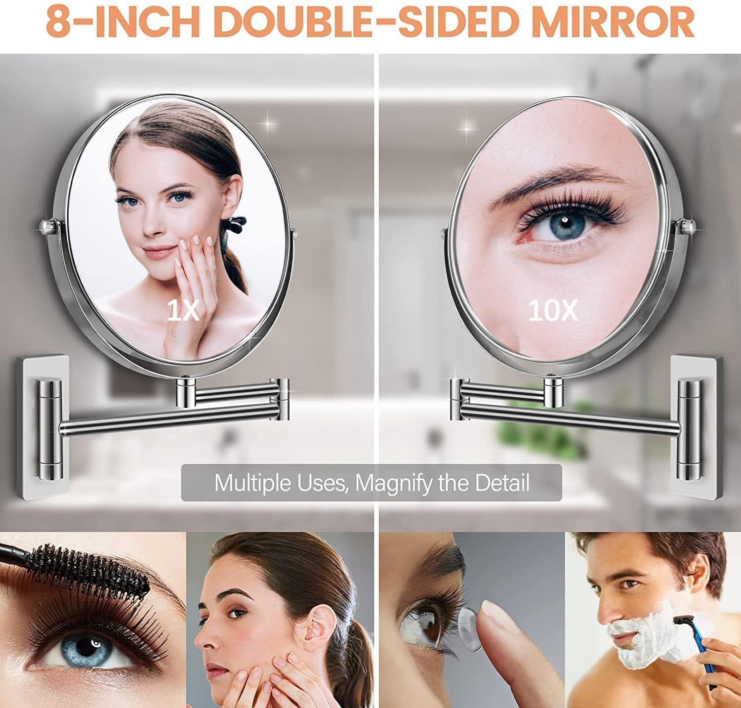 MIRRORMORE 8” Large Wall Mounted Makeup Mirror, Two-Sided 1X/10X Magnifying Mirror Extendable Long Arm, 360°Swivel Flexible HD Shower Mirror Fogless for Shaving, Fully Senior Nickel Bathroom Mirror