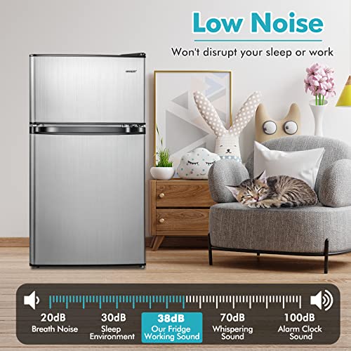 COSTWAY Compact Refrigerator, 3.2 Cu.Ft. Fridge Freezer Compartment with Reversible 2 Door, Adjustable Thermostat, Removable Glass Shelves, Mini Refrigerator for Bedroom Dorm Apartment Office, Silver