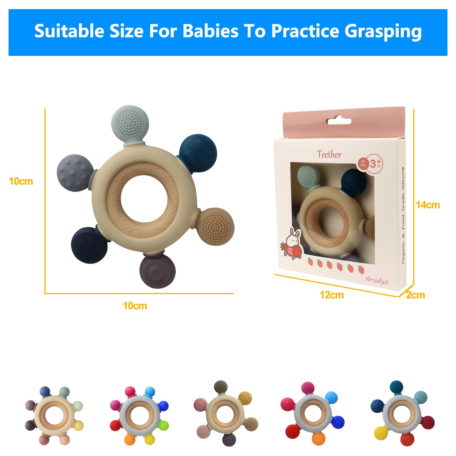 Arudyo Baby Teething Toys Silicone Teethers BPA Free Silicone Rudder with Wooden Ring Soothe Babies Gums (Gray)