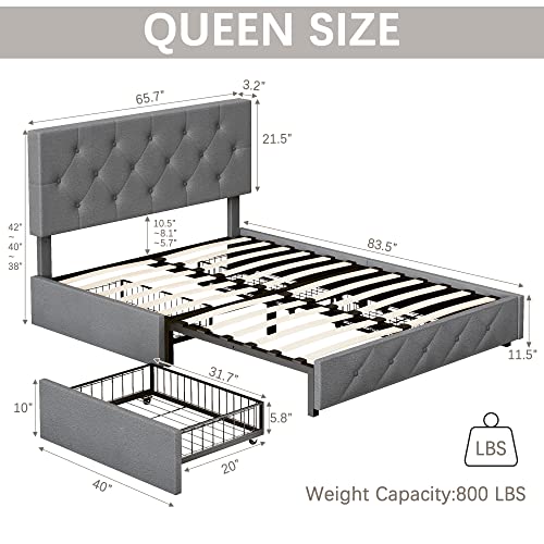 Fluest Queen Bed Frame with Headboard Storage Drawers of 4 Upholstered Bed Frame Platform Adjustable Headboard Wooden Slats Support/No Box Spring Needed/Easy Assembly/Mattress Foundation, Dark Grey