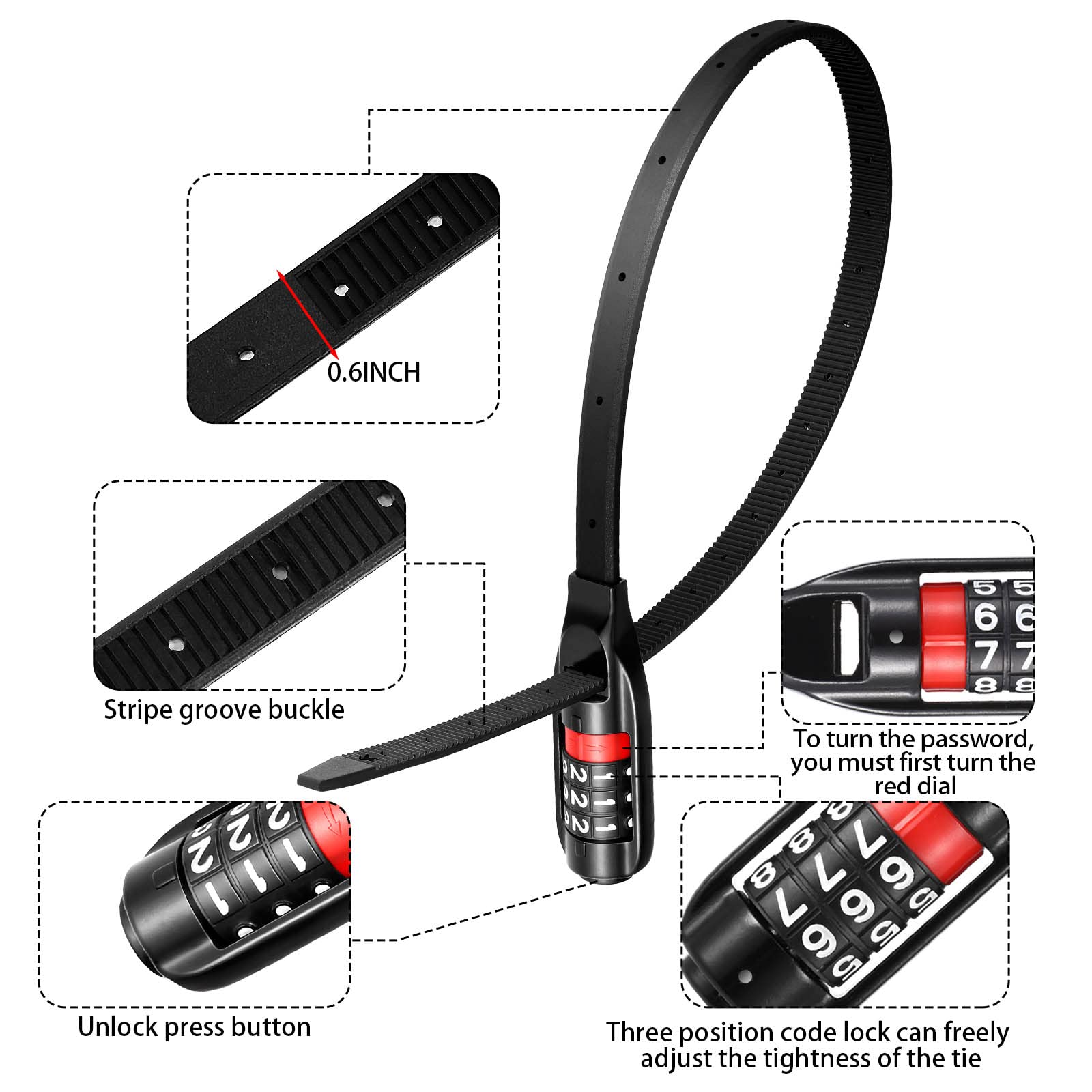 2 Pcs Bike Lock Zip Tie Lock Multi Purpose Combo Lock Combination Bike Lock Lightweight Bicycle Lock Scooter Lock for Quick Stops Door Outdoor Use, Black
