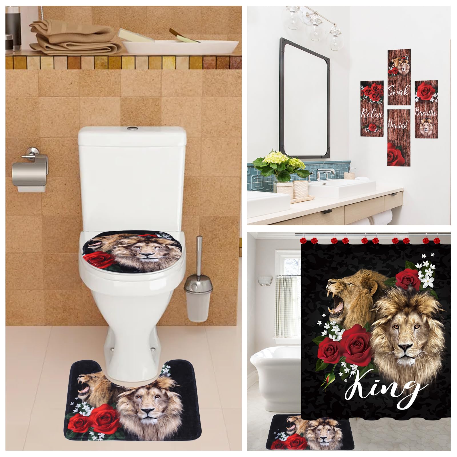 20Pcs Bathroom Sets Rose and Lion Shower Curtain Set with Non-Slip Rugs, Toilet Lid Cover and Bath Mat, 12 Resin Hooks, Bathroom Wall Sign Decor Set