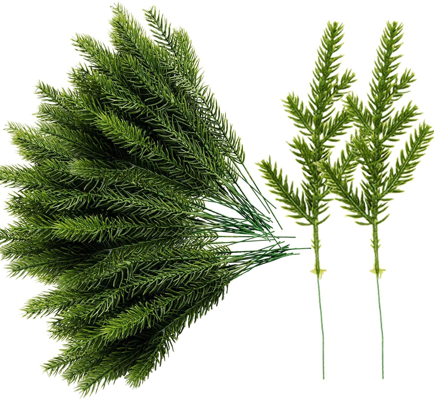 Alpurple 100 Packs Artificial Pine Needles Branches Garland-6.7x2.0 Inch Green Plants Pine Needles-Fake Greenery Pine Picks for Christmas Wedding Party Home Garden Fireplace Décor(100PCS)
