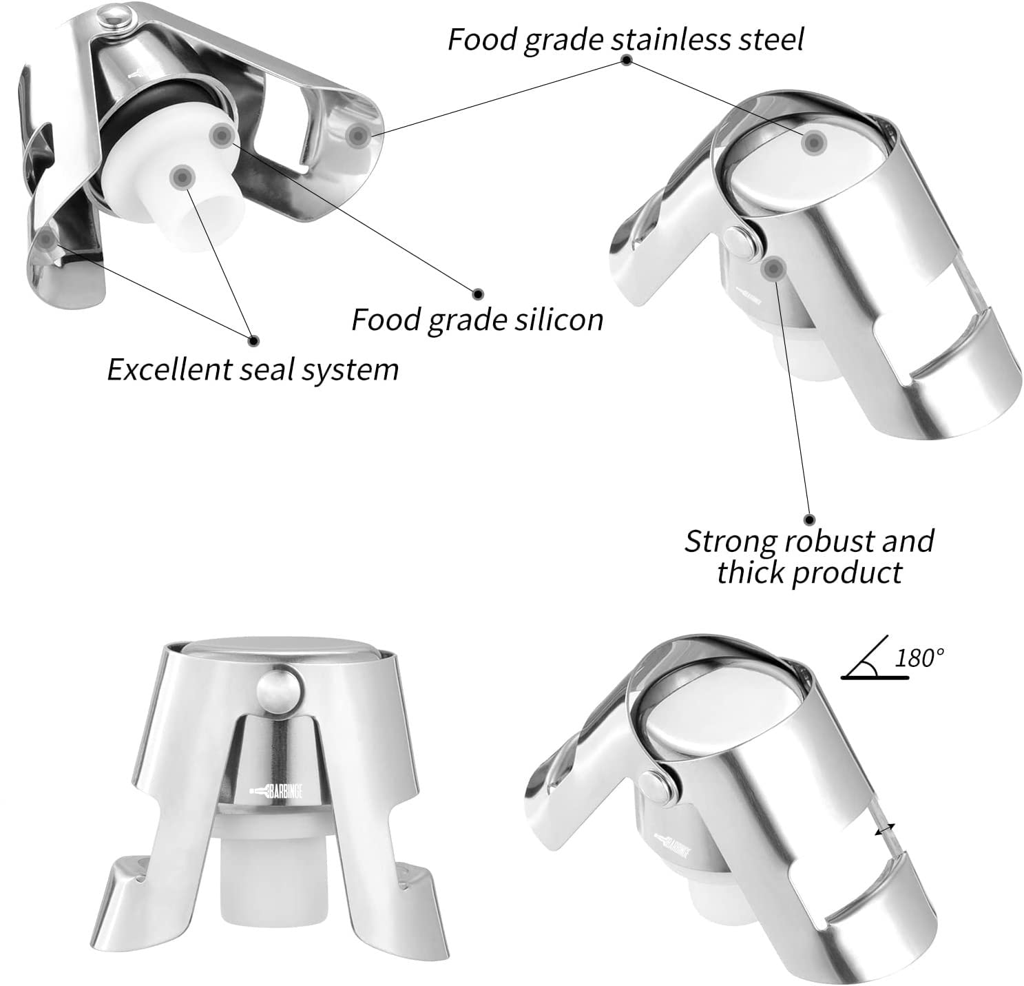 3-PACK BarBinge Champagne Cork Stopper Cap Portable Sparkling Wine Bottle Prosecco Cava Stainless Steel Sealer Plug Clamps Bar Kitchen Gadget