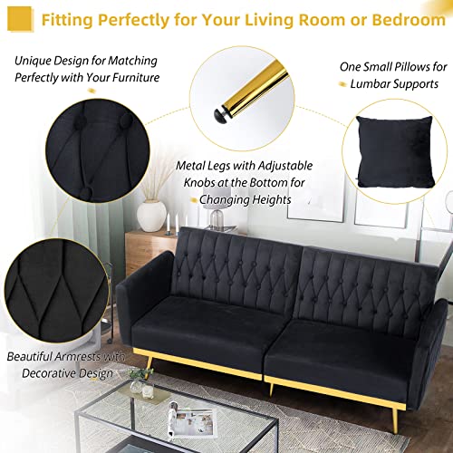 ACMEASE 70” Velvet Futon Sofa Bed with 2 Pillows and Adjustable Armrests, Convertible Sleeper Bed, Modern Loveseat for Living Room, Bedroom, Black